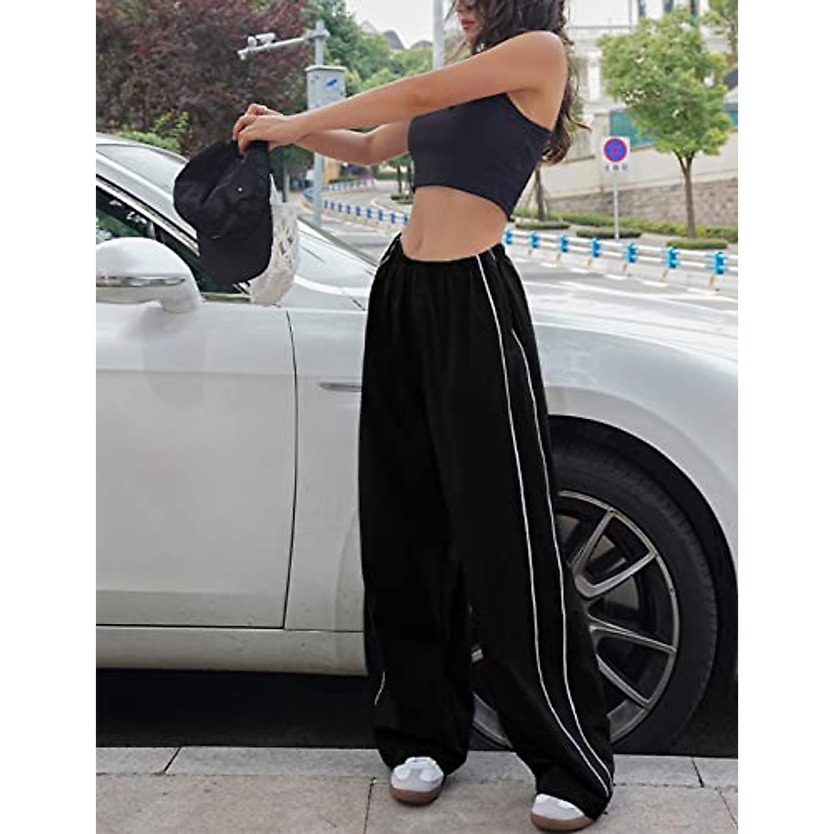 Lianlive Womens Parachute Pants Wide Leg Baggy Y2K Track Pants for Women (Black-S)