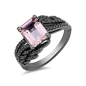 Jewelili Enchanted Disney Fine Jewelry Black Rhodium Over Sterling Silver 9x7MM Octagon Morganite and 1/3 Cttw Treated Black Round Diamonds Maleficent Aurora Ring Size 8