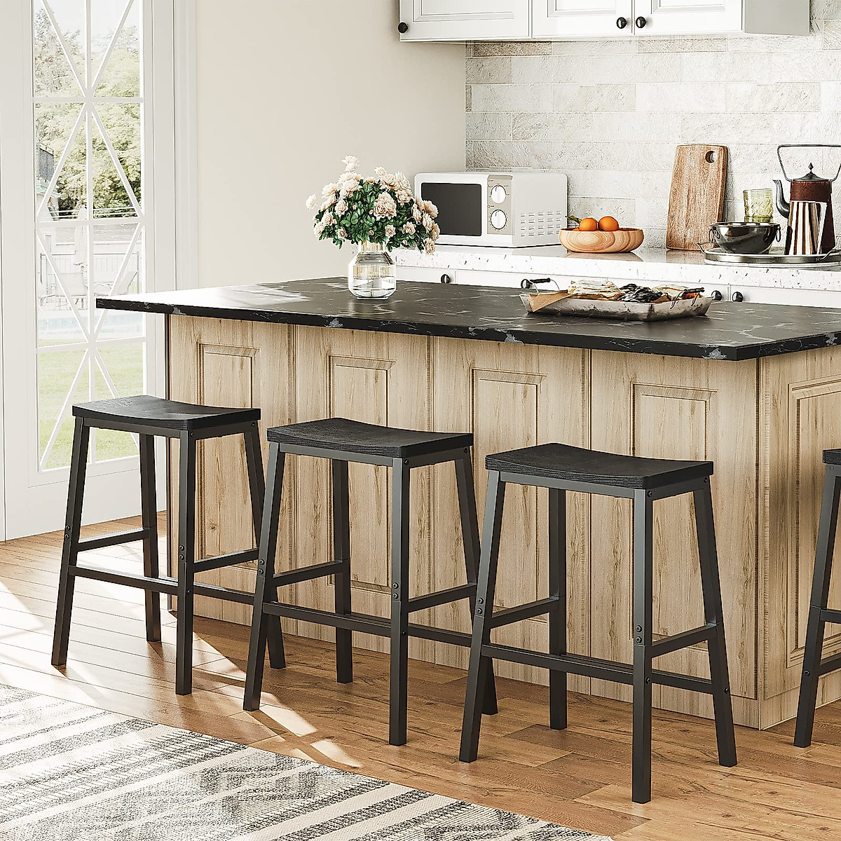 HOOBRO Bar Stools, Set of 2 Bar Chairs, 23.6 Inch Saddle Stools, Kitchen Counter Stools with Footrests, Industrial Stools for Dining Room, Kitchen, Counter, Bar, Black BB02MD01