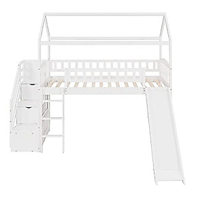 Harper & Bright Designs House Bed Loft Bed with Slide, Twin Loft Bed with Stairs and Storage, Wood Loft Bed Frame for Kids & Girls & Boys (White)