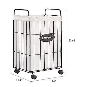 Mxfurhawa Iron Wire Laundry Hamper With Rolling Lockable Wheels, Folding Laundry Storage Basket with Handles,Detachable Liner Collapsible Dirty Laundry Hamper Cart Sorter Clothes Basket Organizer (23.6 inches)