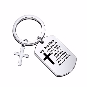 FEELMEM Christian Baptism Gift Jesus Loves Me My Baptism Dog Tag Keychain Teen Adult Woman Religious Baptized Jewelry Confirmation Gift for Girl (silver)