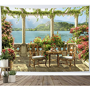 LB Realistic European Palace Garden Tapestry Wall Hanging Balcony Lake Mountain Scene Tapestries Poster Art Bedspread Home Room Decor, 92x 70.5 Inches