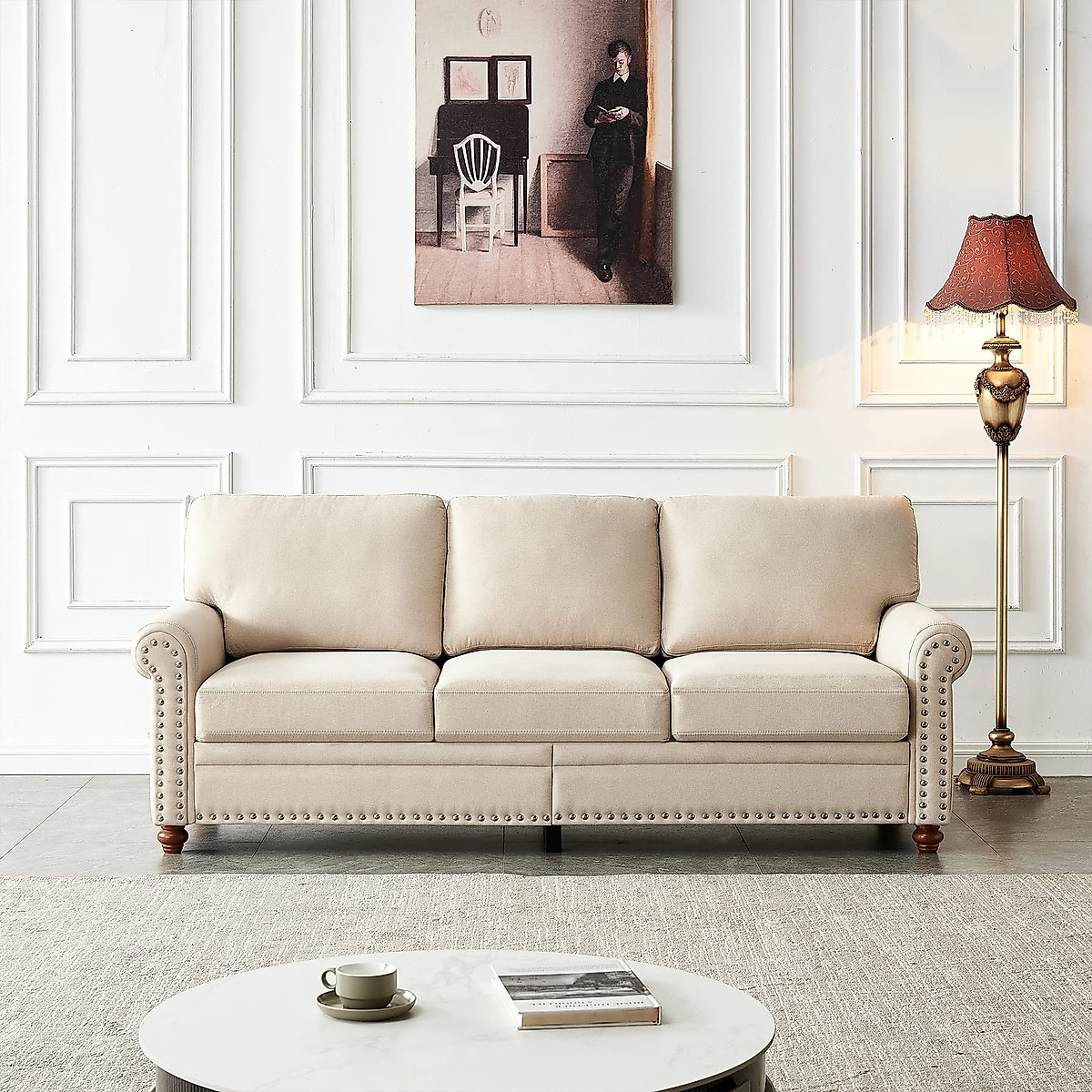 Dolonm Mid Century Modern Sofa 82" Upholstered Couch with Storage 3 Seater Sofas for Living Room, Apartment, Beige