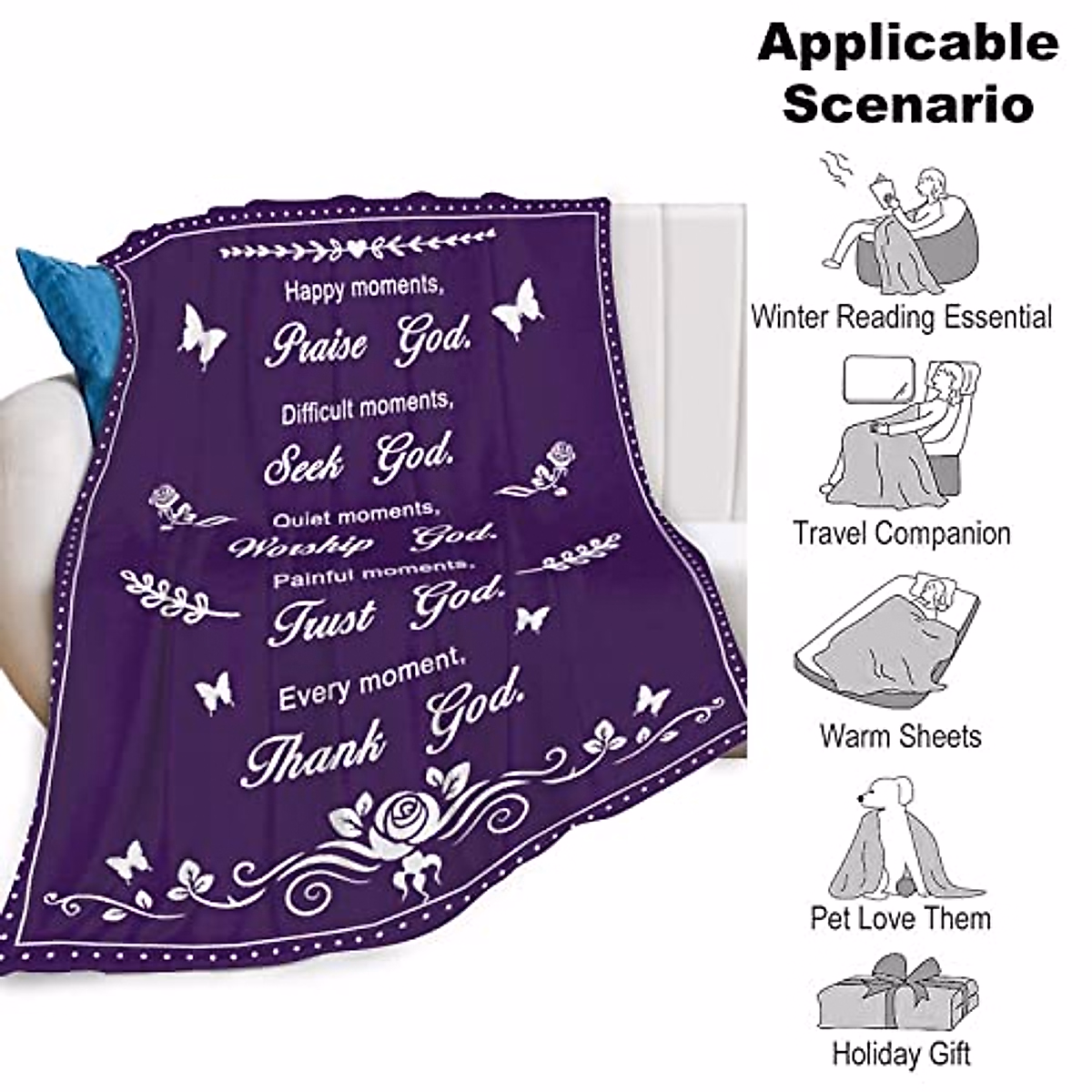 Bible Verse Blanket with Inspirational Thoughts and Prayers, Religious Gifts for Women, Christian Gifts, Faith, Catholic, Spiritual, Church, Comforting, First Communion Gifts for Her 60"x 50"