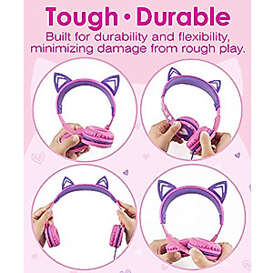FosPower Kids Headphones with LED Cat Ears (Safe Volume Limit 85 dB), 3.5mm On-Ear Wired Headphones with Laced Tangle-Free Cables for Boys/Girls/School/Travel - Hot Pink/Purple