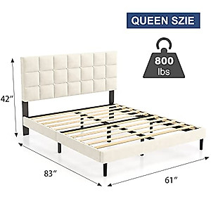 Molblly Queen Bed Frame Upholstered Platform with Headboard and Strong Wooden Slats,Non-Slip and Noise-Free,No Box Spring Needed, Easy Assembly,Light Beige