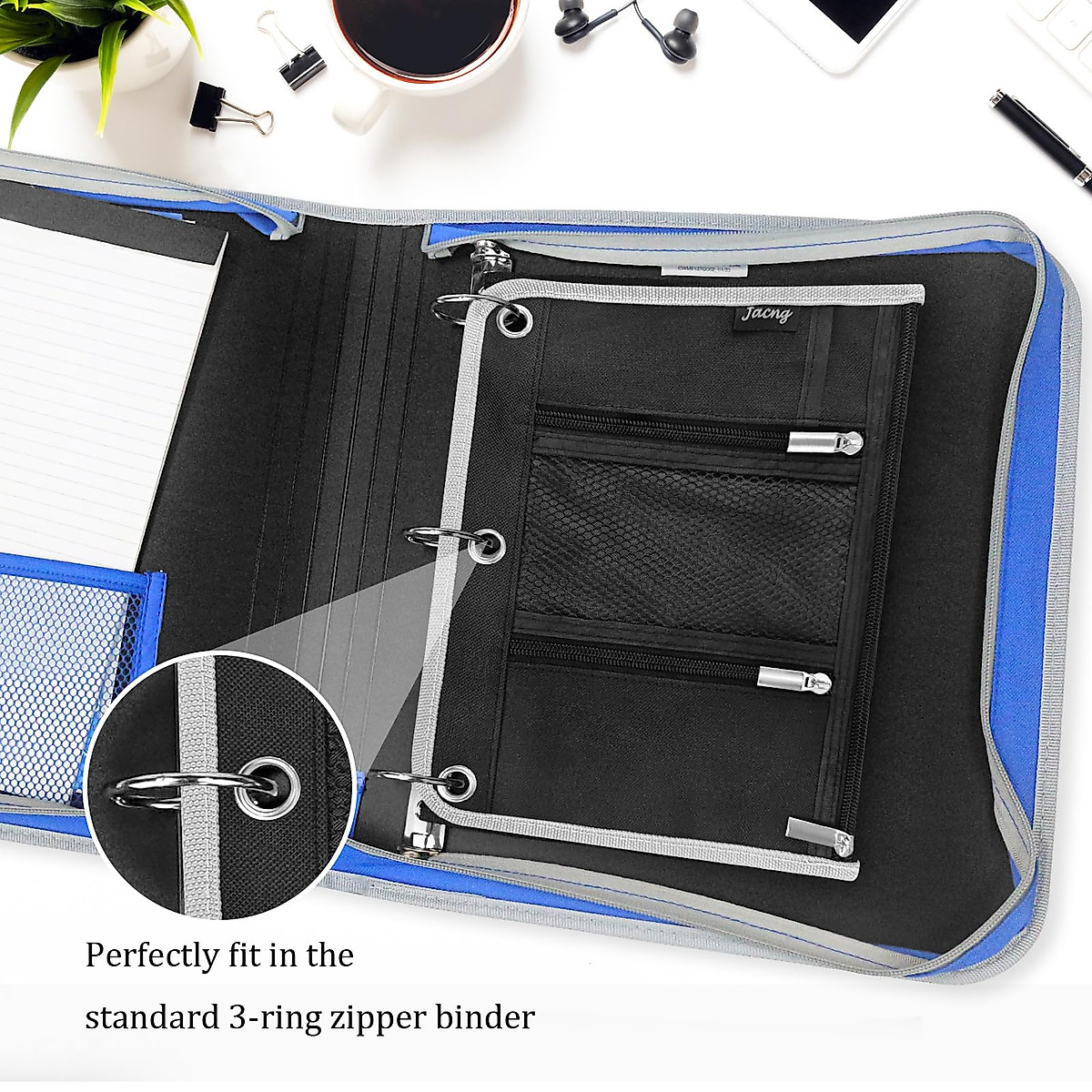 Jacng Binder Pouch for 3 Ring Binder Large Capacity Binder Pocket Black Zipper Bag Fits 3- Ring Binder Clear Window Pencil Pouch with Zipper for Office Supplies