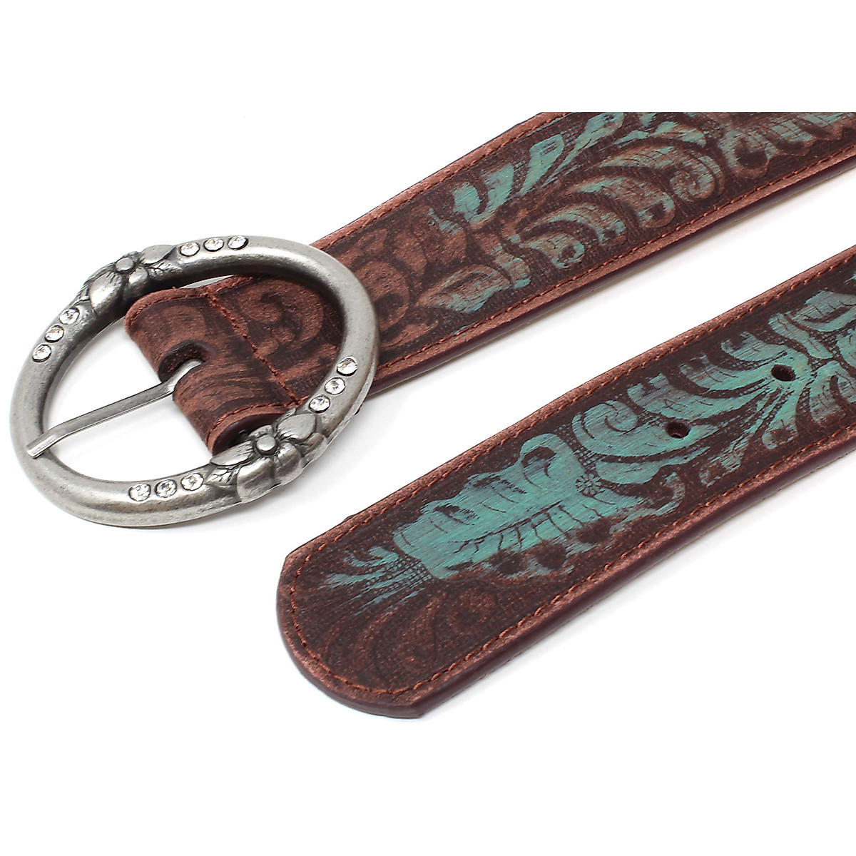 Distress Embossed Brown and Teal Leather Belt with Rhinestone Ring Buckle (M)