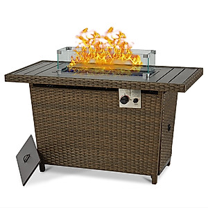 Kinsuite Propane Tank Cover Table 16" Side Hideaway Wicker Tank Table for Gas Fire Pits, Rattan Tank Table Cover with Storage & Adjustable Foot for Standard 20 Gallon Propane Tanks, Brown