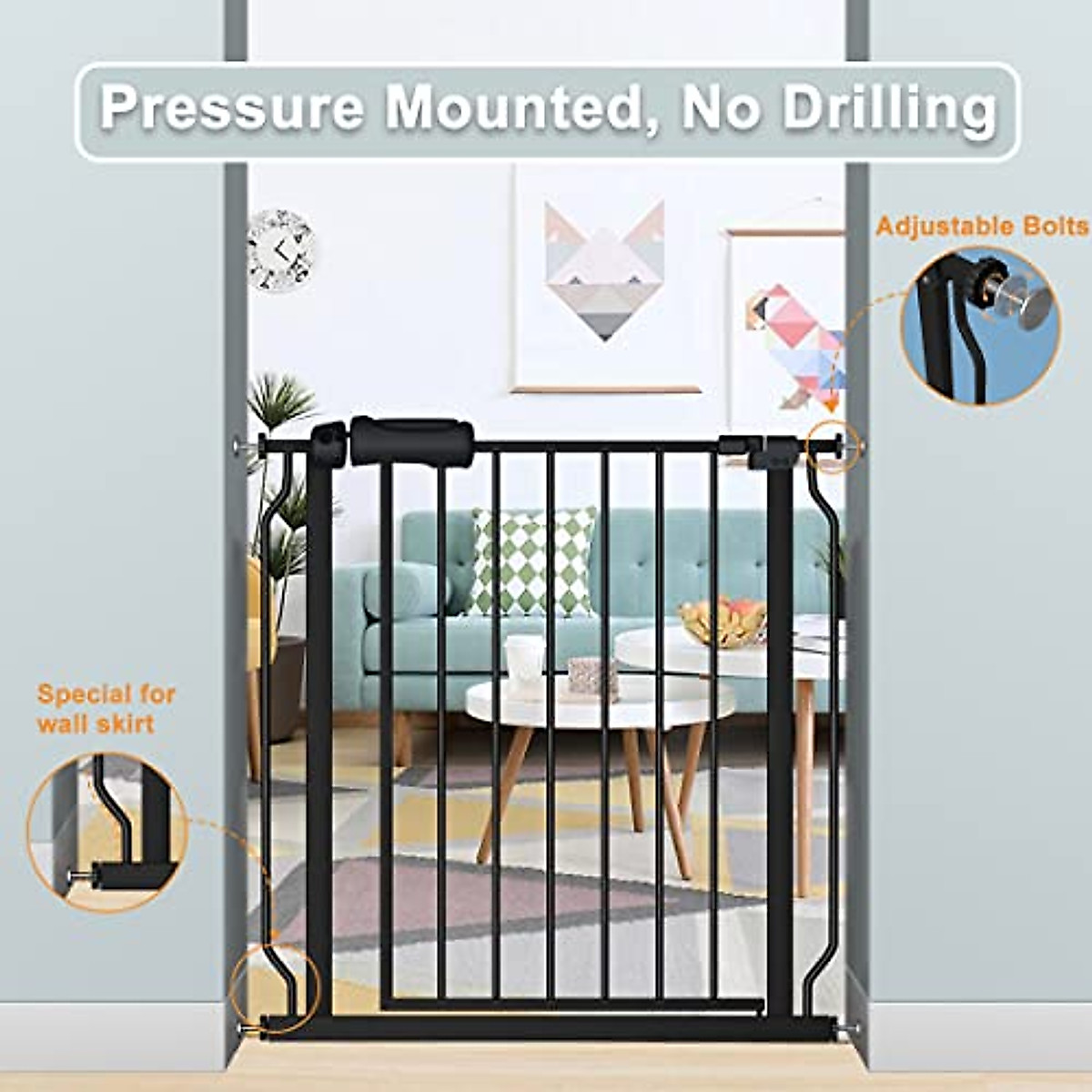 Fairy Baby Extra Wide Baby Gate Black 57.5-62 Inch Wide, Walk Through Pressure Mounted No Drill, Long and Large Tension Dog Gates for Pet and Kids