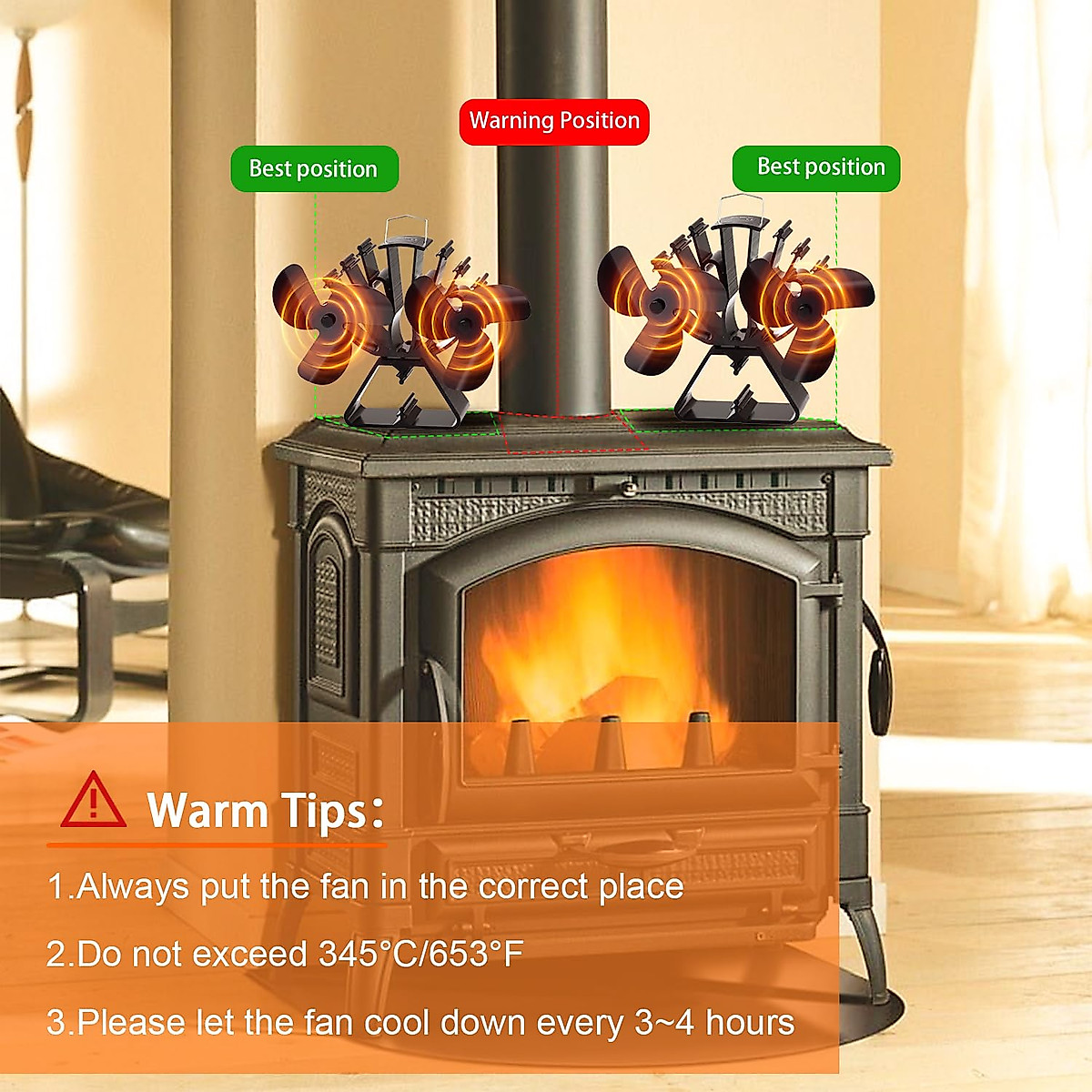 VODA Newly Designed Heat Powered Stove Fan with 2 Motors Larger Air Flow about 360CFM Eco Fan for Wood Burning/Log Burner Fireplace Perfect for Large Rooms