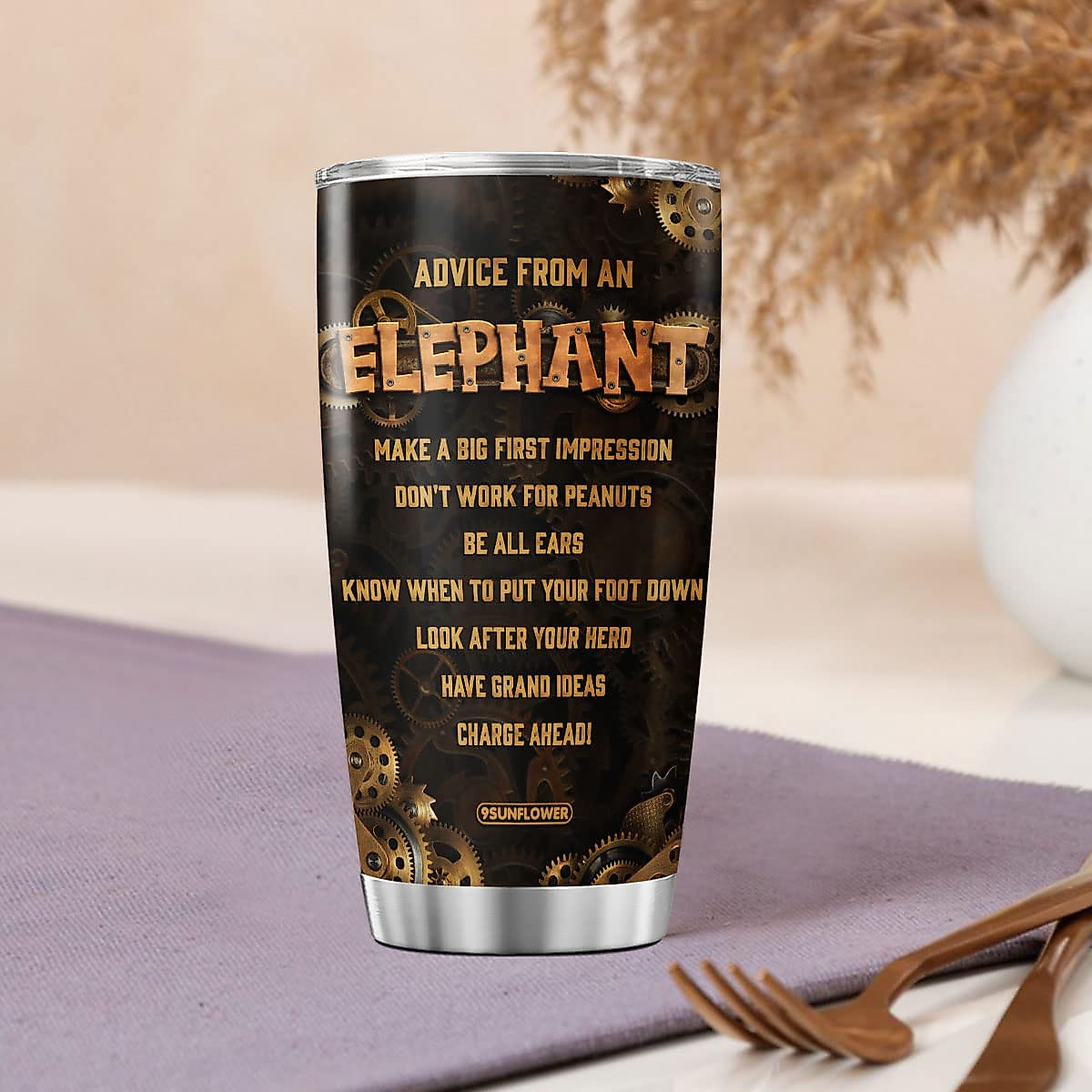 9SUNFLOWER Elephant Mechanic Style Coffee Tumbler Birthday Gifts For Girls Women Steampunk Travel Mug With Lid 20oz Insulated Cup Inspirational Quotes Animal Sayings Vacuum Mugs