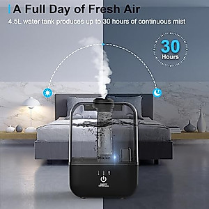 Cool Mist Humidifier, Ultrasonic Air Humidifiers for Bedroom Babies Home, 4.5L Large Top Fill Desk Humidifiers with Three Mist Modes, 360° Nozzle, Auto Shut-Off, Lasts Up to 30 Hours, Super Quiet