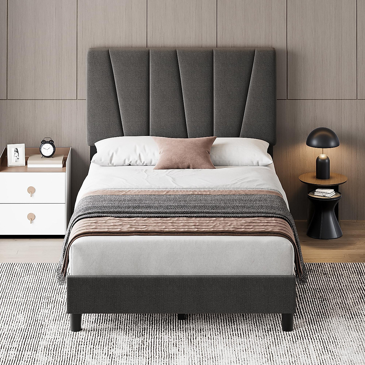 IDEALHOUSE Twin Bed Frame with Headboard,Linen Upholstered Platform Bed with Adjustable Diagonal Channel Tufted Headboard, Mattress Foundation with Strong Wooden Slats, Box Spring Optional, Grey