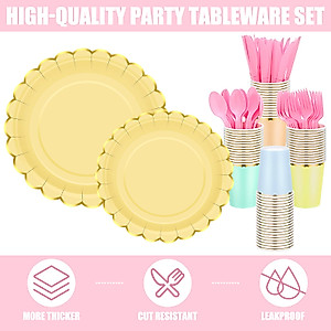 Yaomiao 168 Pcs Disposable Dinnerware Set Party Supplies, Scalloped Paper Plates Cups Napkin with Gold Foil Plastic Forks Knives Spoons Serve 24 Guests for Birthday Baby Shower (Multicolor,Round)