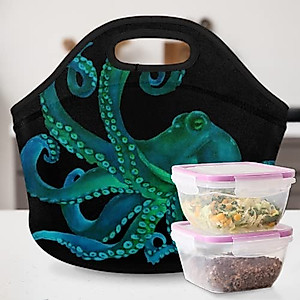 Insulated Neoprene Lunch Bag for Women Men Kids Watercolor Green Sea Octopus Lunch Box Reusable Small Lunch Tote Bag Cooler Bag for School Work Picnic