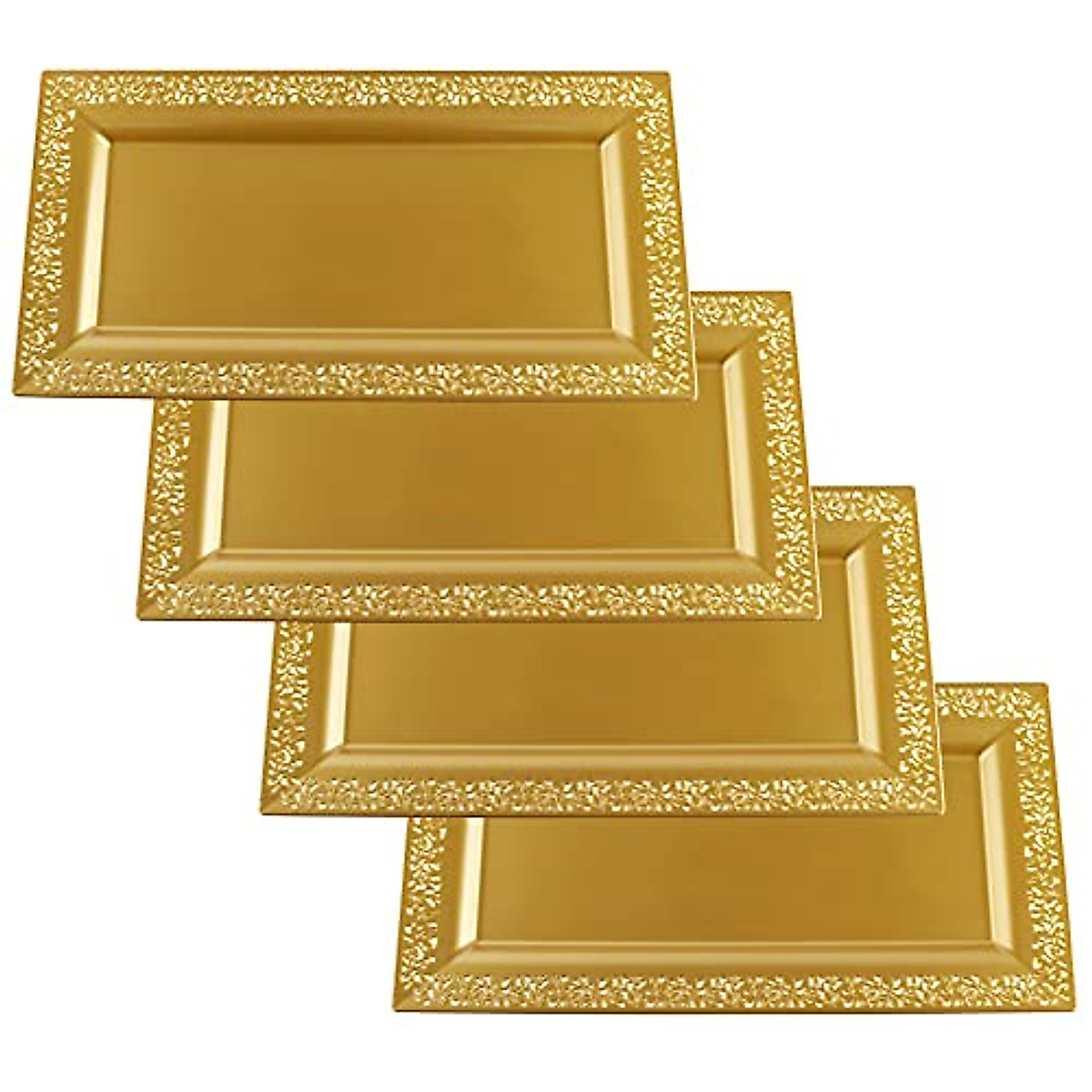 Yumchikel-Decorative Plastic Serving Tray & Platter Set (4pk)-Gold & lace Rim Disposable Serving Trays & Platters for Food - Weddings, Upscale Parties, Dessert Table, Cupcake Display - 14"x7.5" inches