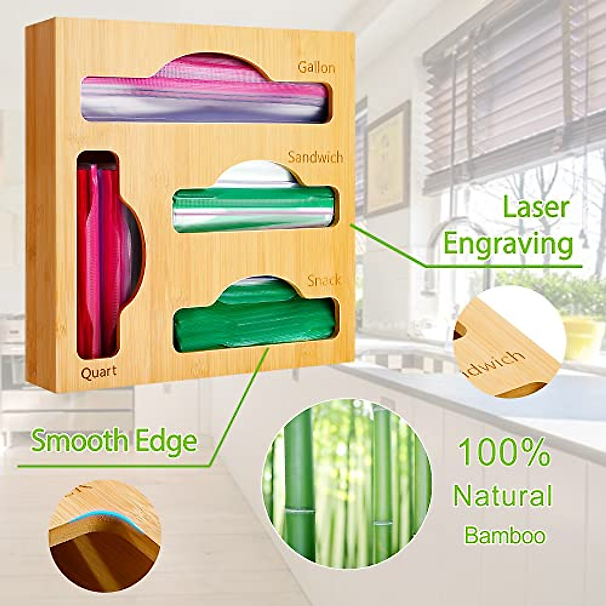 Wahopy Ziplock Bag Neat Organizer for Kitchen Drawer, Food Storage Bag Bamboo Dispenser Holder, Compatible with Gallon, Slider Quart, Sandwich and Snack Various Size Bag, Anti Slip, Easy to Use