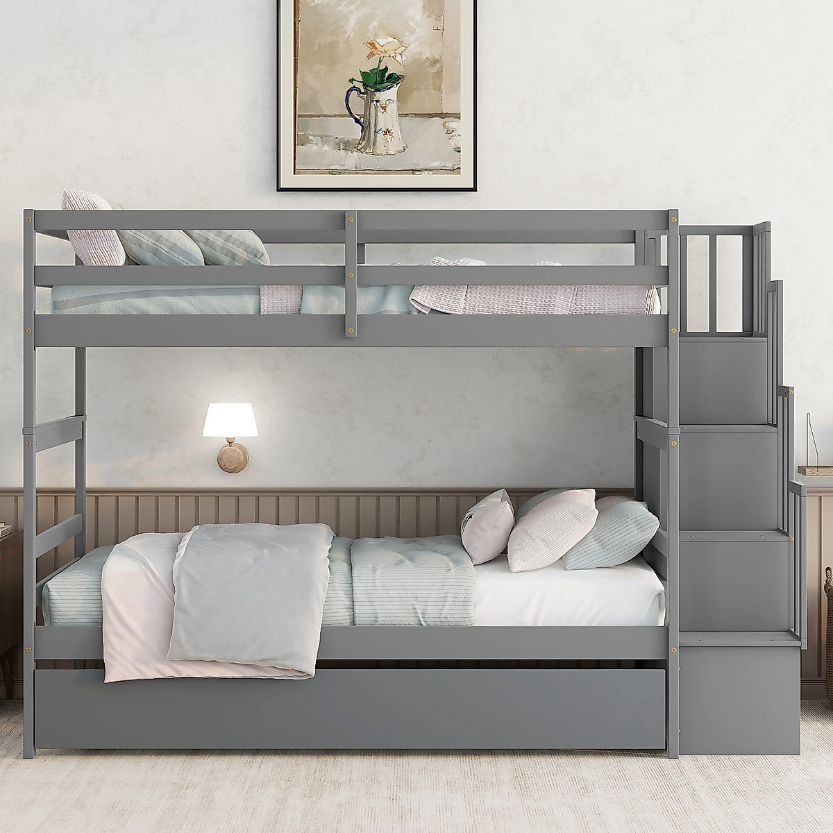 Harper & Bright Designs Stairway Bunk Bed Twin Over Twin with Trundle,Detachable Bunk Beds Twin Over Twin with Stairs,Wood Twin Bunk Beds with Storage Shelves for Kids Teens Girls Boys, Grey