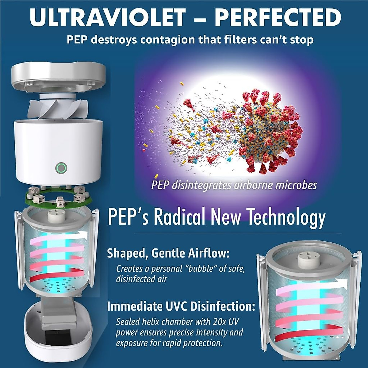 PEP UV Personal Air Purifier – Portable UVC Purifier for Personal Breath Disinfection – Mask-Free Protection for Work, Travel, or Socializing – Game-Changing Technology for Immediate, Safe Breathing