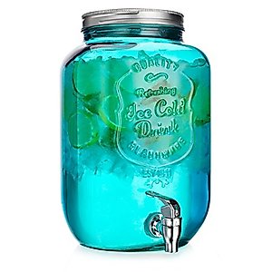 Elegant Home Glass Ice Cold Beverage Dispenser- Mason Jar Vintage Blue With Spigot ~ Durable Glass Drink Jug Wide Mouth Easy Filling For Outdoor, Parties, Laundry Detergent & Daily Use (2.15 Gallons)