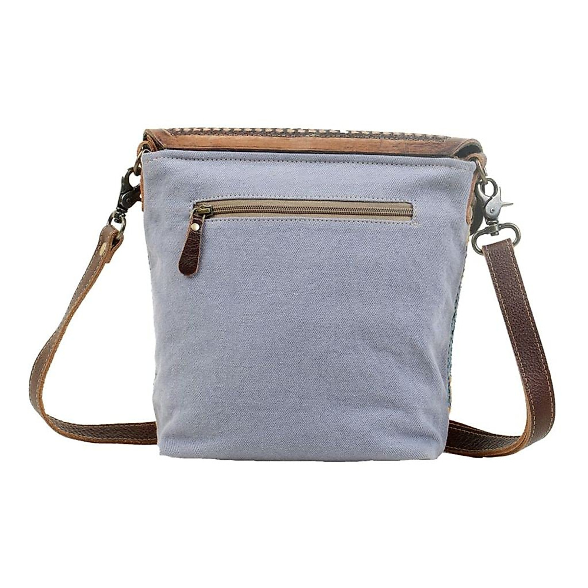 Myra Bag Blue Feather Hand-Tooled Bag Upcycled Cotton & Leather S-3058