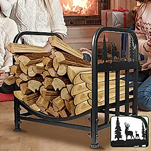 Firewood Rack Outdoor-Heavy Duty Indoor Wood Storage Black Powder Coated Steel Log Rack Wood Holder for Fireplace,Patio, Wood Pile Storage Stacker Organizer with Christmas Elements