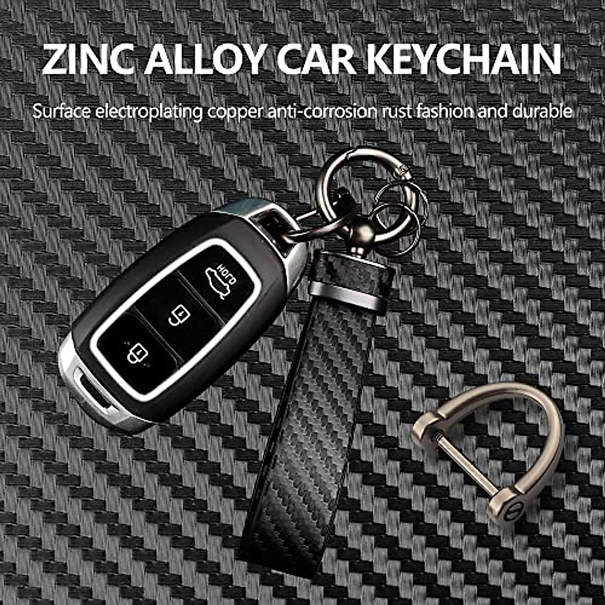 Turcee Carbon Fiber Car Keychain,Interior Accessories Keychains Leather Car Key Fob,Car Accessories Key Ring&Anti-Lost D-Ring(Black)