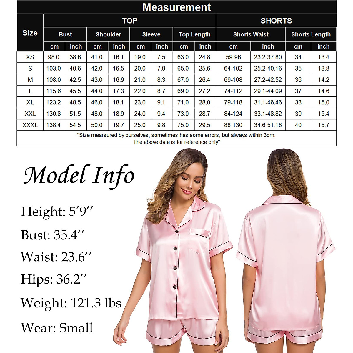 SWOMOG Womens Silk Satin Pajamas Short Sleeve Loungewear Two-Piece Sleepwear Button-Down Pj Set Pink