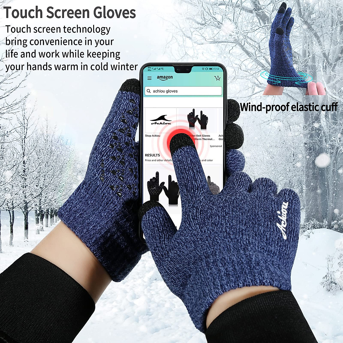 Achiou Winter Gloves for Men Women, Upgraded Thicken Touch Screen, Anti-Slip Silicone Gel, Thermal Soft Knit Lining