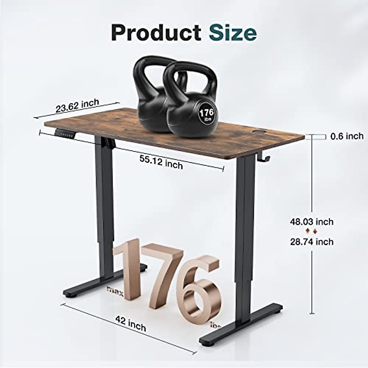 SMUG Standing Desk 55 x 24 in Electric Height Adjustable Home Office Computer Table with Memory Controller/Headphone Hook, Rustic Brown, 55" x 24"