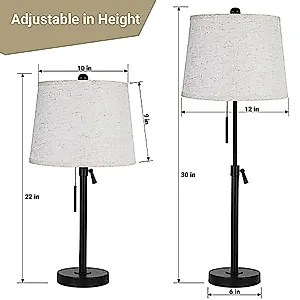 Table Lamps for Living Room Set of 2, Modern Bedside Lamps for Bedroom Height Adjustable Desk Lamp Dimmable Black Nightstand Lamps with Beige Lampshade, Pull Chain Table Lamp for Office Restaurant