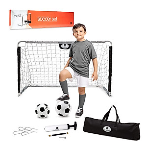 Morvat Kids Metal Poles Soccer Goal Set Portable Lightweight Training Equipment Backyard & Indoors Premium 48”x30” Net + 2 Size Soccer Balls + Ball Pump + Storage Bag – Color: Black & White