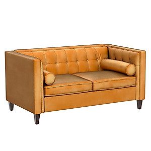 Dreamsir 58'' W Velvet Sofa, Mid-Century Modern Love Seats Sofa Furniture with Two Bolster Pillows, Button Tufted Couch for Living Room, Easy Assembly (Loveseat, Ginger)