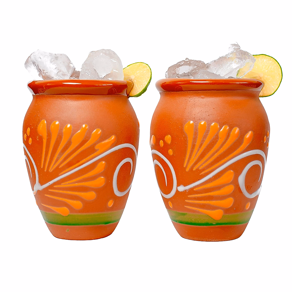 Cantaritos de Barro Mexicanos - Set of 2 Authentic Mexican Glazed Clay Mugs 14 oz - Jarritos de Barro Mexicanos - Clay Cups Tazas de Barro - Vasos de Barro for Drink Tequila (Clay Orange Decor)