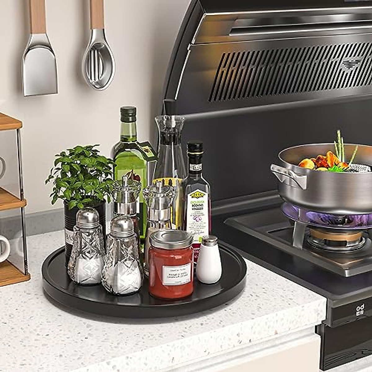 Lazy Susan Organizer for Table Cabinet,13 inch Bamboo Kitchen Countertop Organizer for Salt Olive Oil and Pepper Counter Sink Trays Wooden Turntable for Spice Soap Bottles Dining Room Decor Black