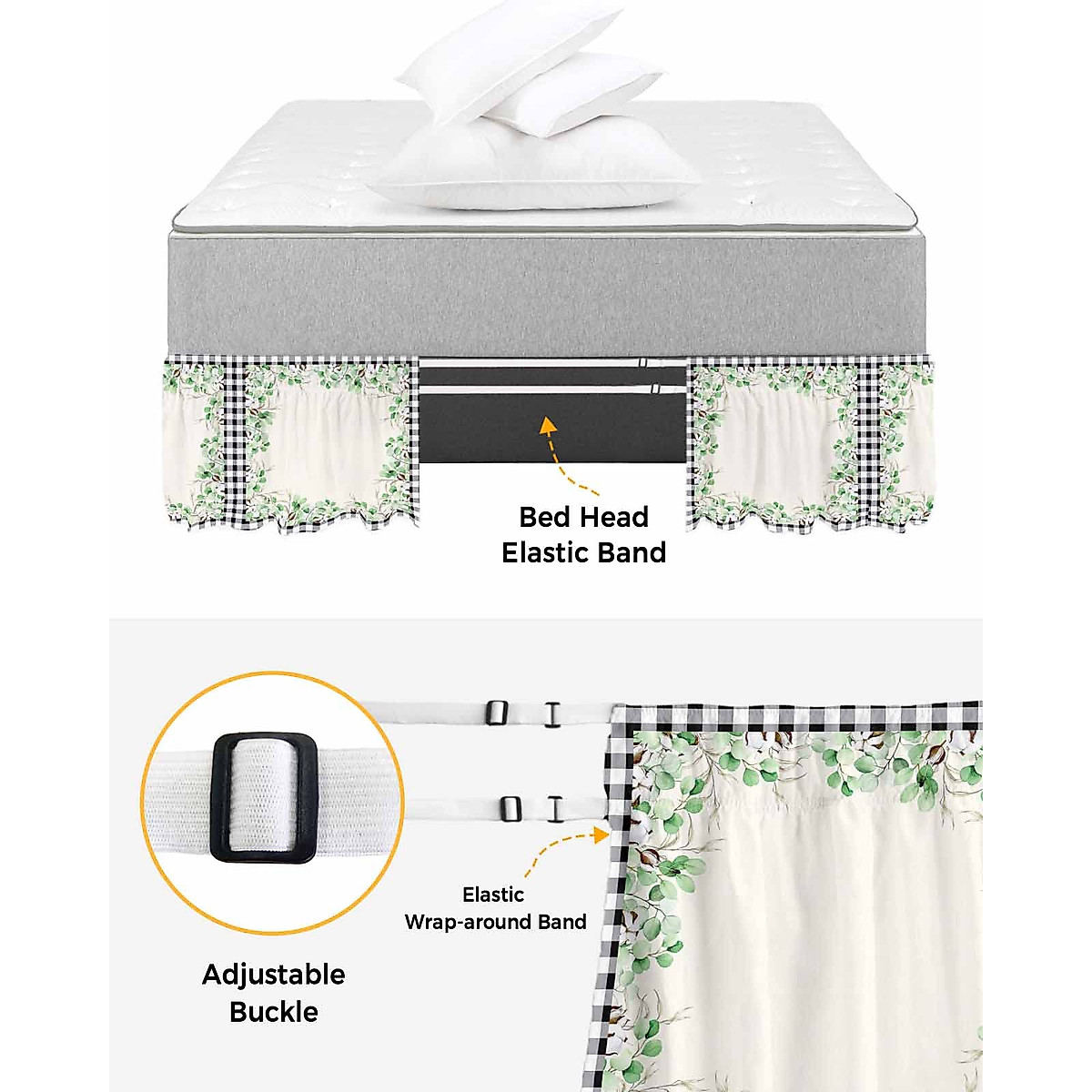 Black and White Buffalo Plaid Bed Skirt King Size 16 Inch Drop,Adjustable & Elastic Wrap Around Bed Skirts Pleated Dust Ruffles for Twin Full Queen Cal King Bed,Spring Leaves Green Watercolor Leaf