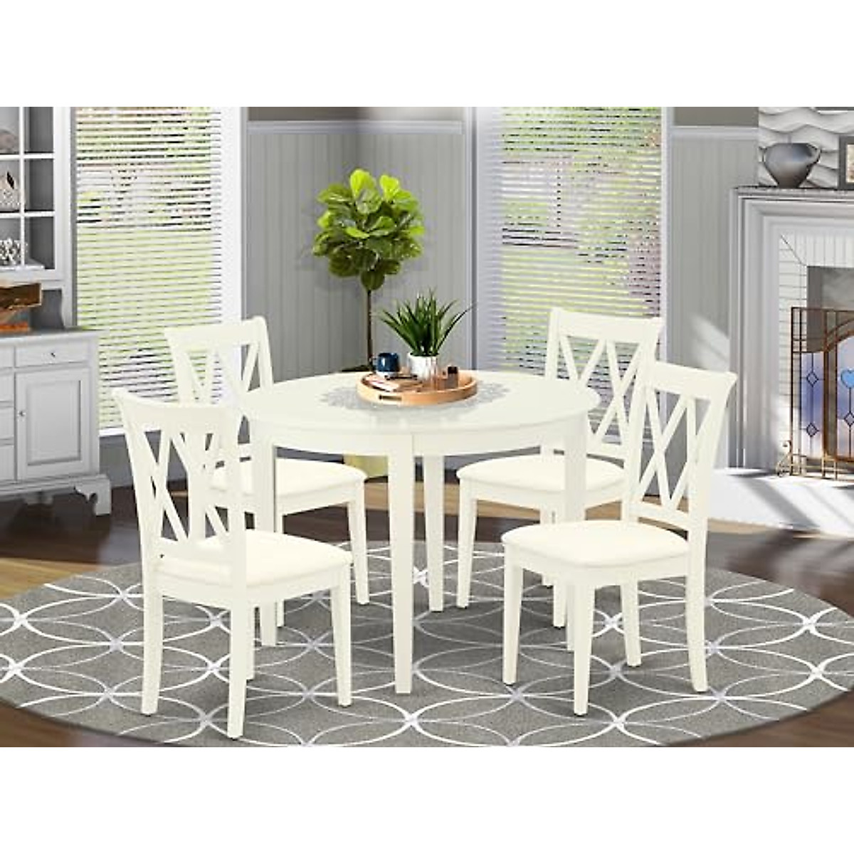 East West Furniture BOCL5-WHI-C 5 Piece Dinette Set for 4 Includes a Round Kitchen Table and 4 Linen Fabric Dining Room Chairs, 42x42 Inch, Linen White