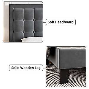 Assile Queen Size Upholstered Bed Frame, Button Tufted Velvet Platform Bed with Adjustable Headboard, Wood Slats, Noise-Free Design, No Box Spring Needed in Light Grey