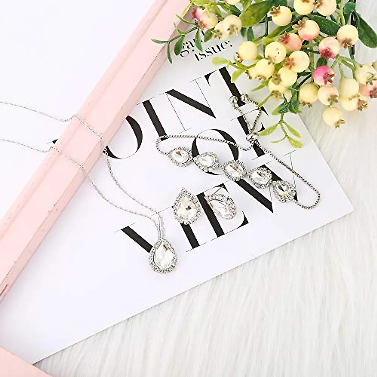 LOYALLOOK Bridal Rhinestone Teardrop Statement Necklace Bracelets and Dangle Earrings Jewerry Sets for Proms Weddings