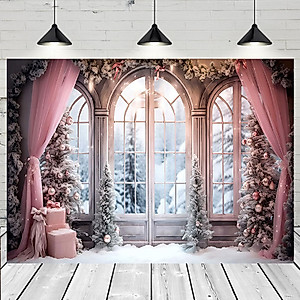 Pink Curtain Winter Xmas Photo Background Christmas Winter Snow Forest Window Photography Background Family Holiday Party Decorations Baby Shower 1st Birthday Backdrop,8X6FT