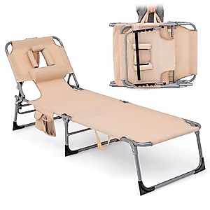 Goplus Tanning Chair, Folding Adjustable Patio Lounge Chair with Face Hole, Removable Pillow, 330LBS, Carry Strap, Outdoor Sunbathing Chair, Lightweight Portable Beach Lounge Chair (1, Beige)