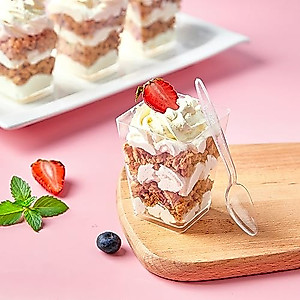 50 Pack 5 oz Square Dessert Cups with Spoons - Mini Parfait Cups, Appetizer Cups, Clear Plastic Party Dessert Cups for Serving Fruit Trifle Mousse and Pudding