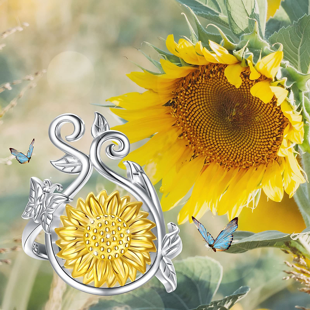 Sunflower Ring for Women S925 Sterling Silver You Are My Sunshine Positive Meaning Sunflower Jewelry Gifts for Mom Wife Daughter Sister