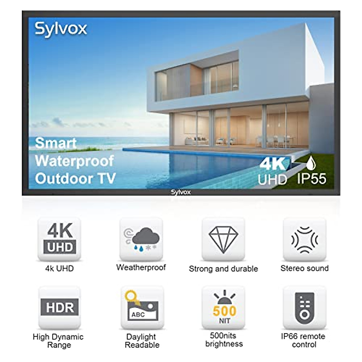 SYLVOX 43 Inch Outdoor TV, Waterproof 4K Smart TV, Supports Bluetooth Wi-Fi, Commercial Grade Equal Bezel LED TV, with Waterproof Wall Mount, Suitable for Partial Sun Areas