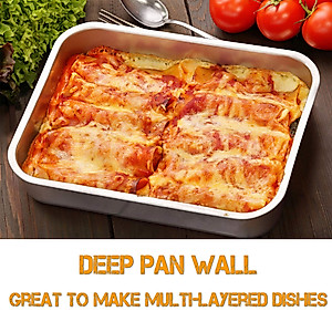 P&P CHEF Deep Lasagna Pan Set (12.7’’ & 10.7 Stainless Steel Rectangular Baking Pan for Brownie/Cake/Meat, Non-Toxic & Heavy Duty, Deep Side & Rolled Rim, Brushed Surface & Dishwasher Safe