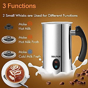 NAUTOR Milk Frother, Electric Milk Frother with Hot or Cold Functionality, Foam Maker, Silver Stainless Steel, Automatic Milk Frother and Warmer for Coffee, Cappuccino and Matcha