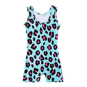 HOZIY Girls Leotards With Shorts for Gymnastics Biketard Bike Tumbling Outfits Size 6-7 Years Kids Aqua Blue Pink Leopard Sparkle Dance Attire Clothing Clothes Apparel