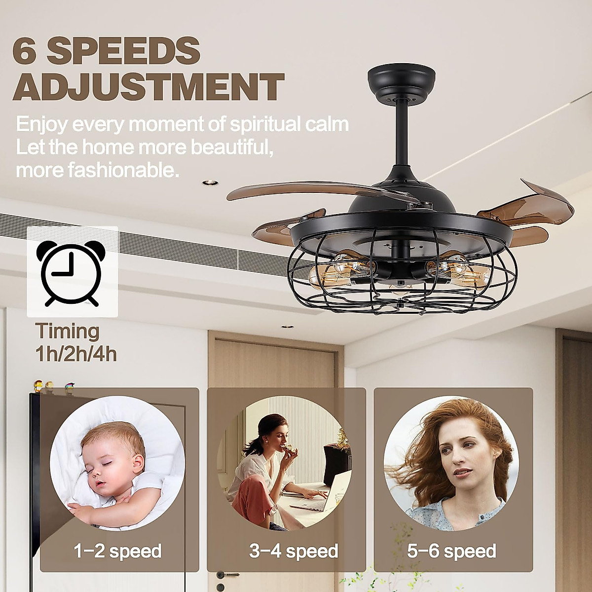 DuMaiWay 42" Industrial Retractable Ceiling Fans with Lights, Fandelier Caged Ceiling Fan with Remote Controller for Farmhouse/Living Room/Bedroom/Restaurant 5 Lights 4 Fan Blades Black